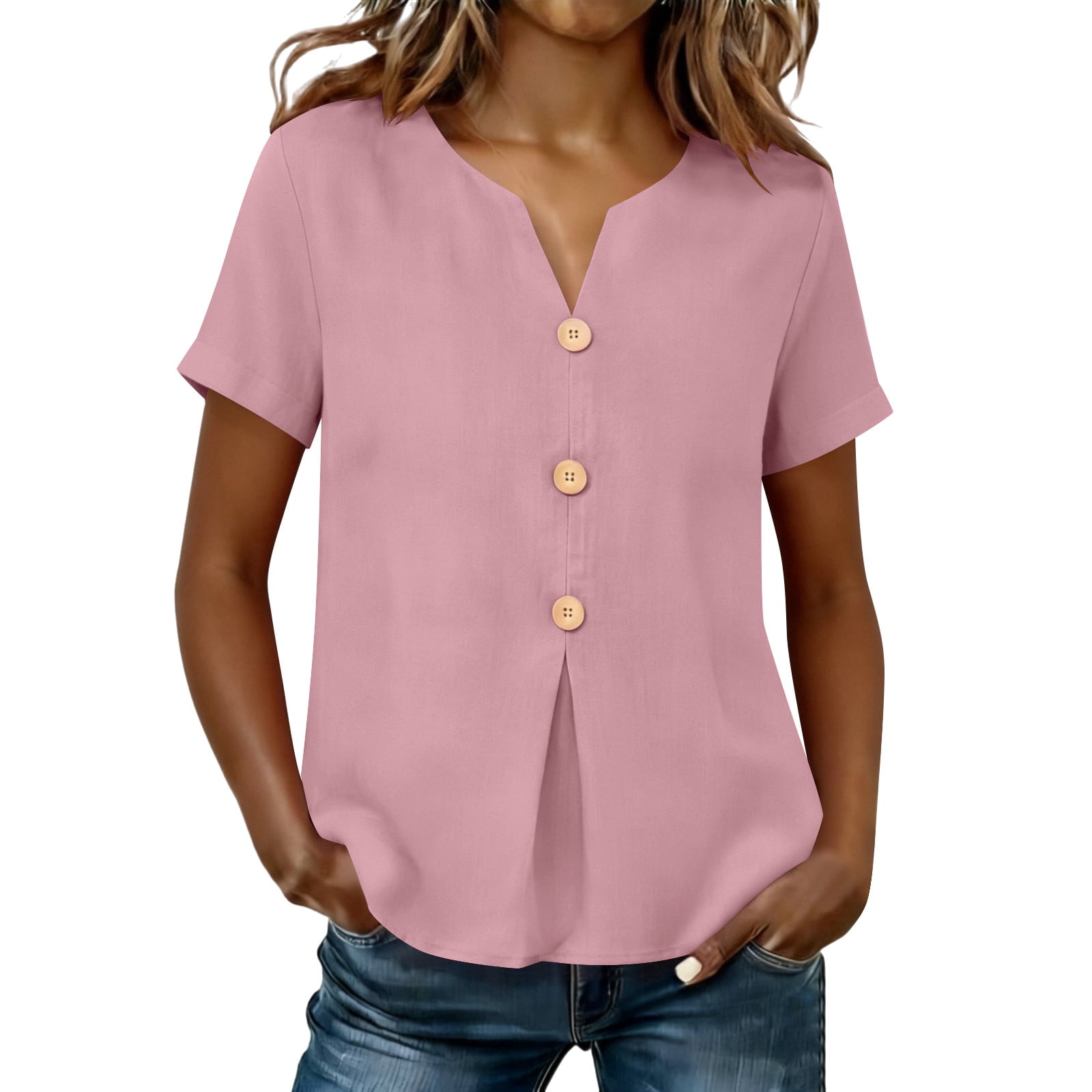 Aezemi Women Lightweight Button down Blouse, V Neck Pleated Short ...