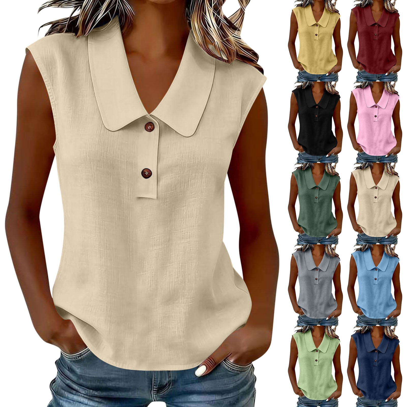 Aezemi Women Linen Button Front Shirts, Collared V Neck Sleeveless Cute ...
