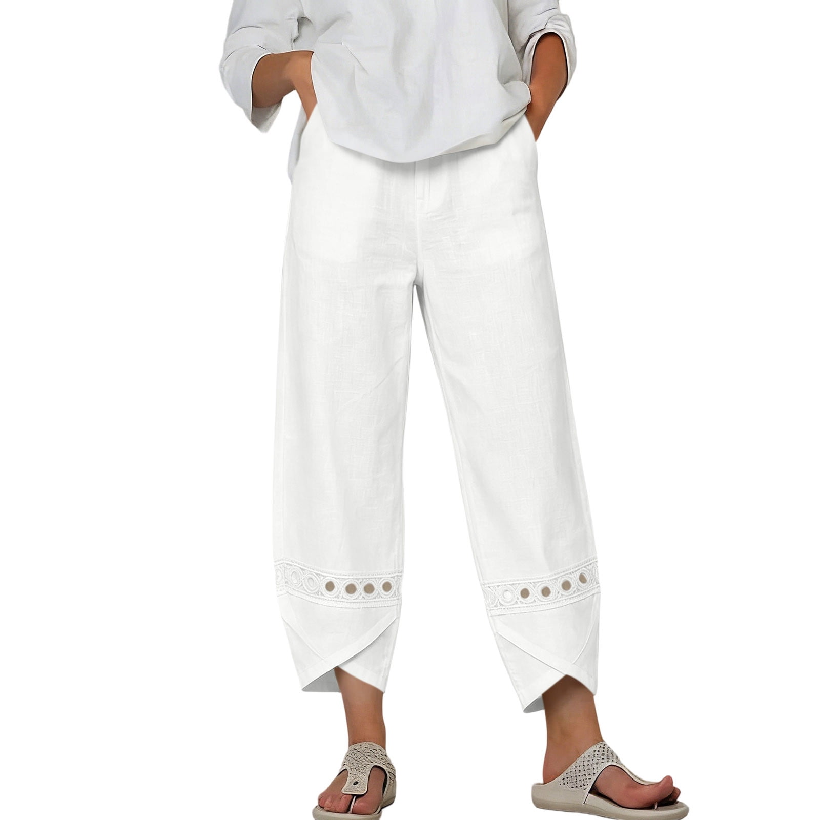 Aezemi Women Linen Cotton Cropped Pants Criss Cross Split Hem Lace ...