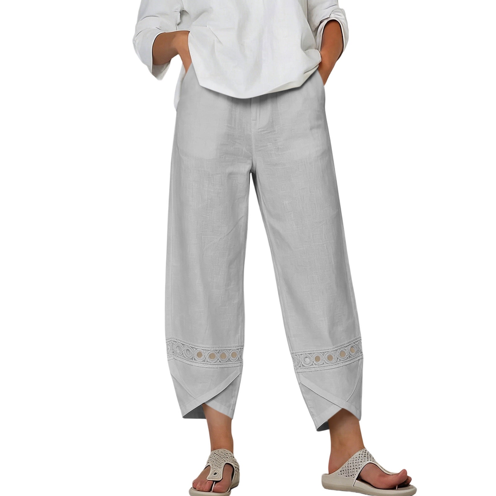 Aezemi Women Linen Cotton Cropped Pants Criss Cross Split Hem Lace ...