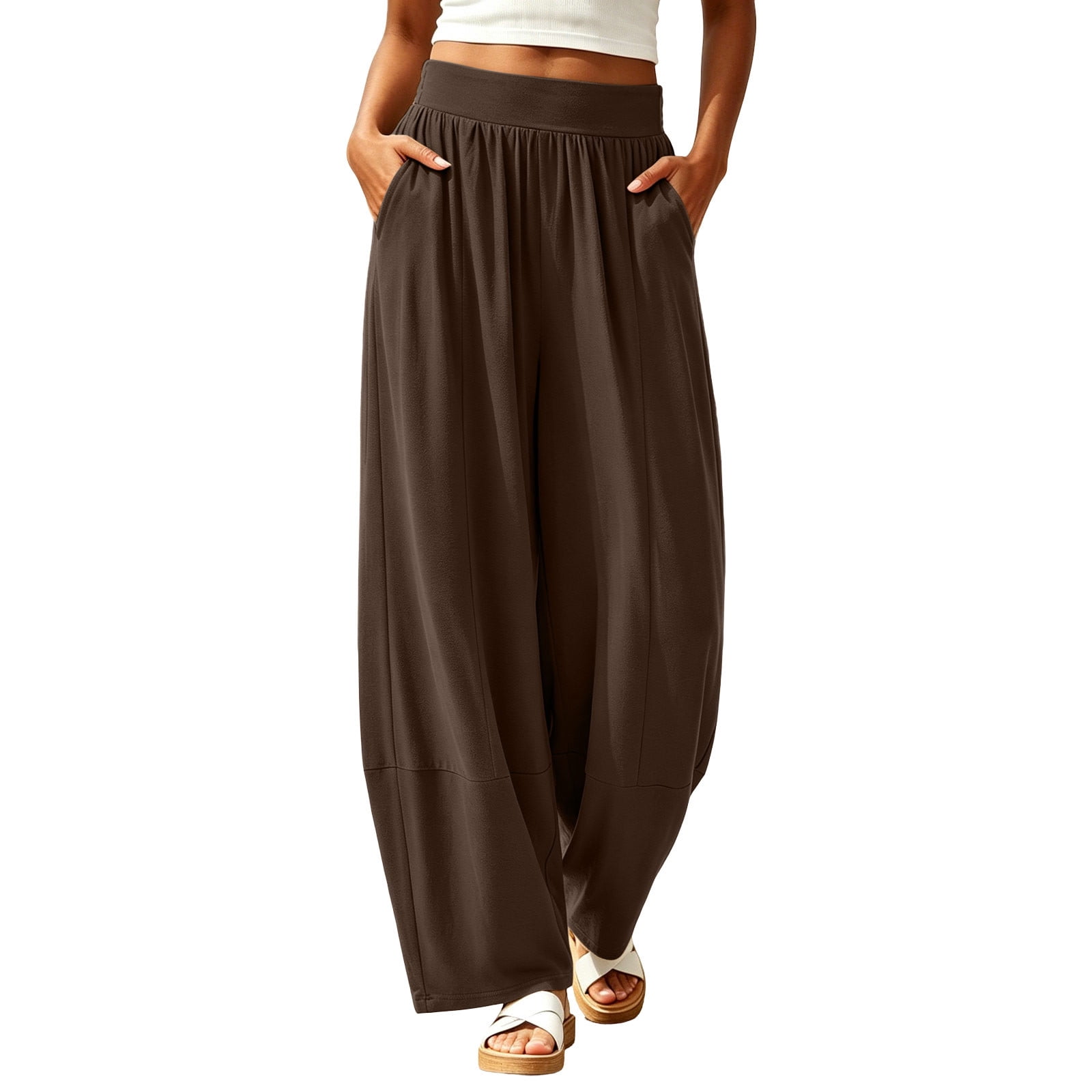 Aezemi Women Long Sweat Pants, High Waisted Ruched Barrel Leg Workout ...