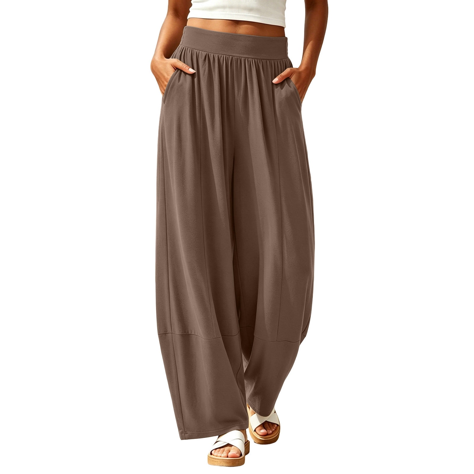 Aezemi Women Long Sweat Pants, High Waisted Ruched Barrel Leg Workout ...