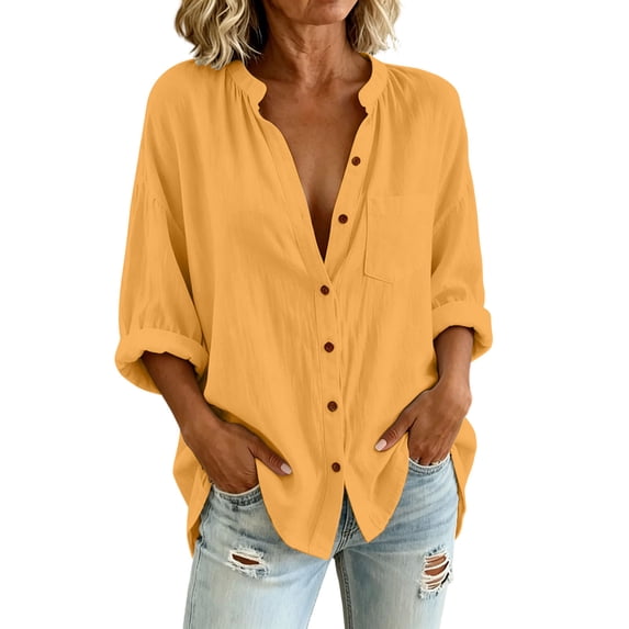 Aezemi Women Loose Fit Button Shirts, Ruched Long Sleeve Round Neck ...