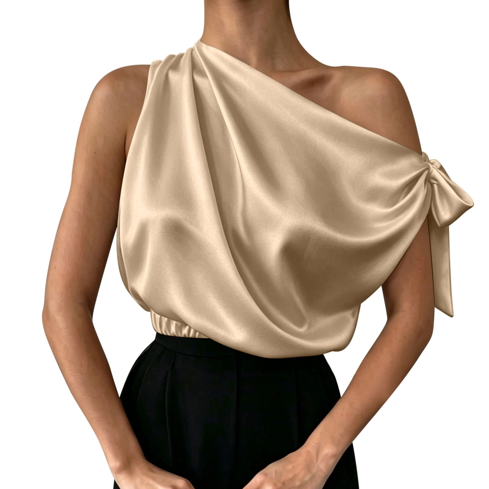 Aezemi Women One Shoulder Tank Tops, Satin Ruched Sleeveless Trendy ...
