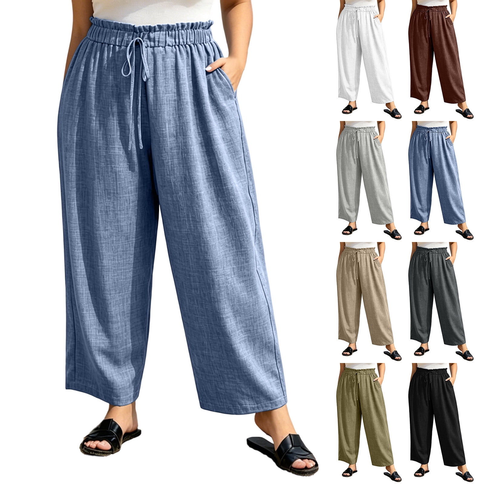 Aezemi Women Plus Size Linen Beach Pants High Waisted Ruffle Elastic ...