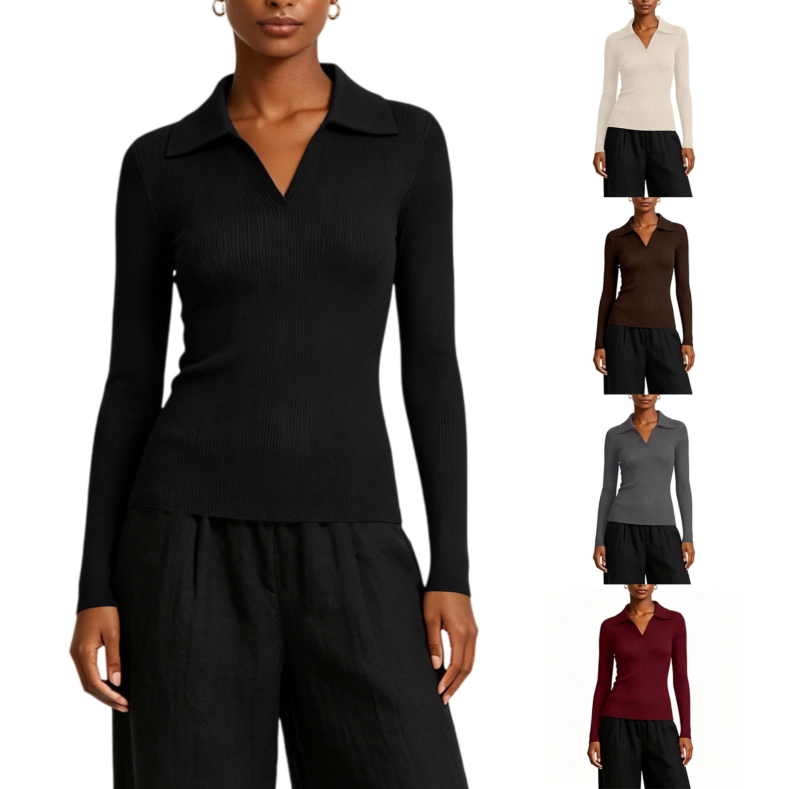 Aezemi Women Ribbed Long Sleeve Shirts Slim Fit Collared V Neck Dressy ...