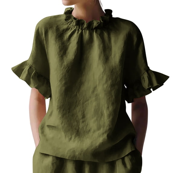 Aezemi Women Ruffle Neck Shirts Cotton Linen Ruffle Short Sleeve ...