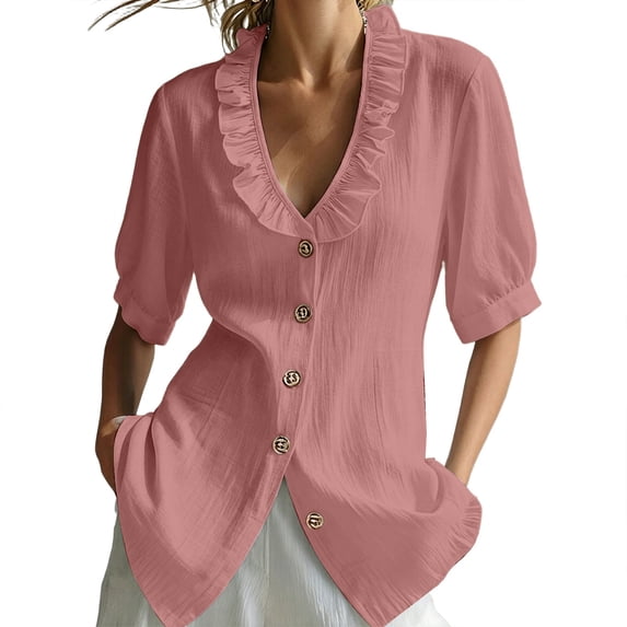 Aezemi Women Ruffle V Neck Shirts Button down Breathable Short Sleeve ...