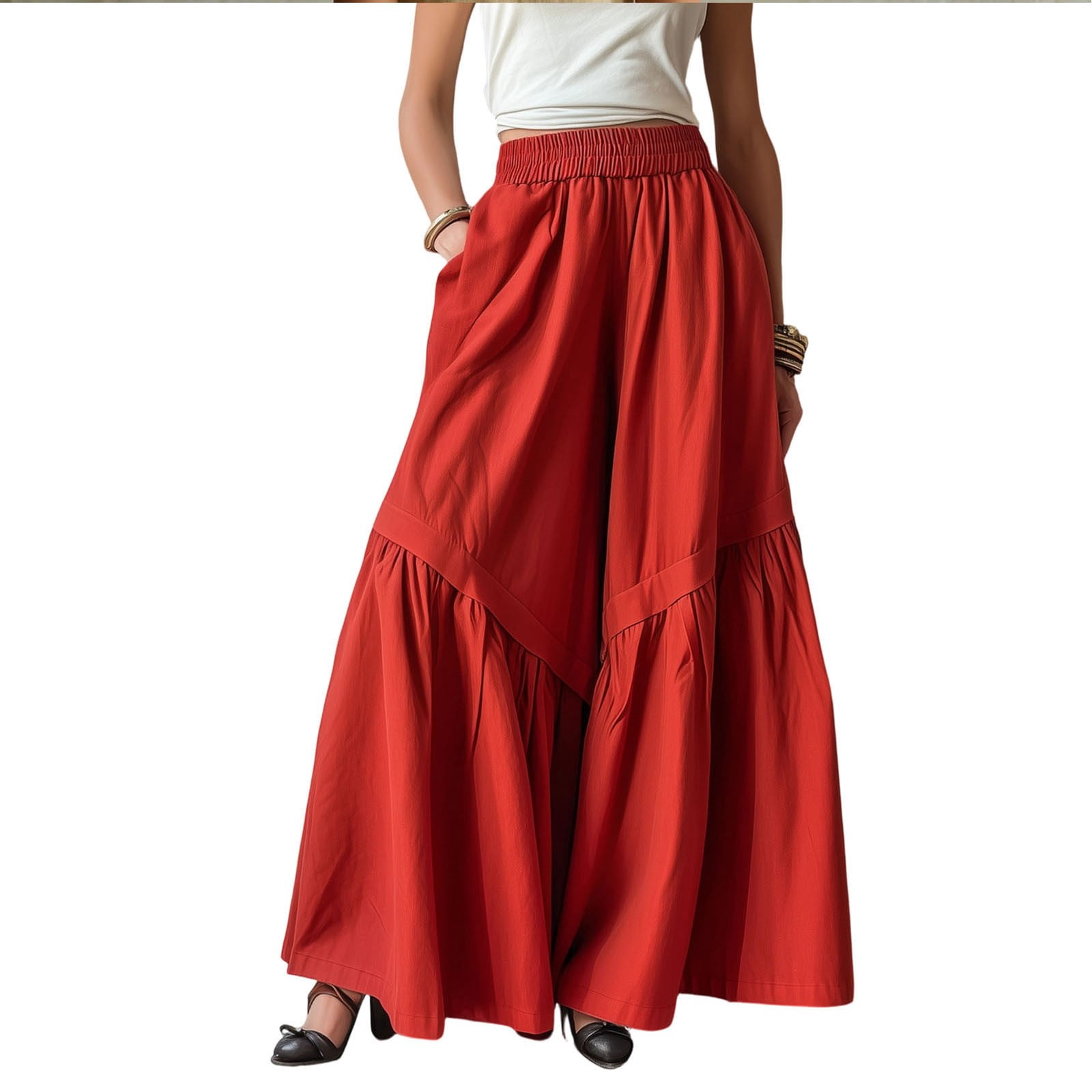 Aezemi Women Ruffle Wide Leg Pants, High Waisted Elastic Waist Loose ...