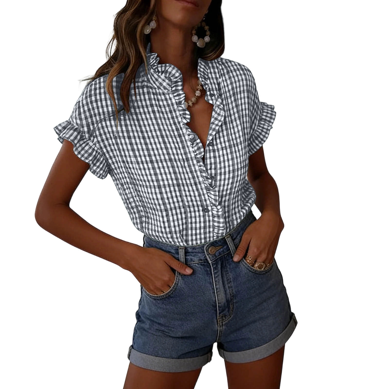 Aezemi Women Ruffle Work Shirt, Plaid V Neck Business Casual Blouses ...