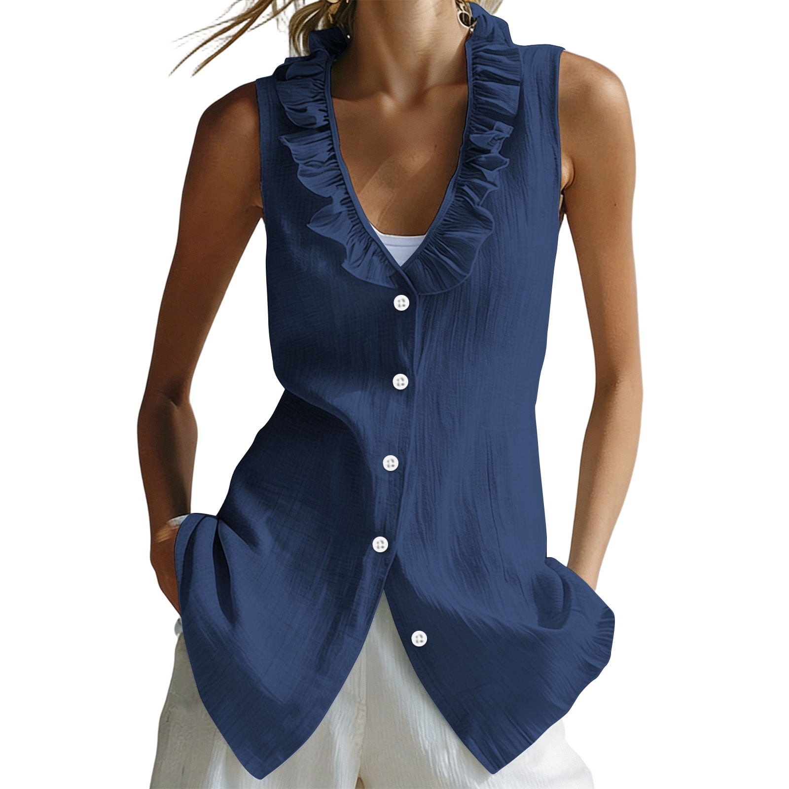 Aezemi Women Ruffled V Neck Tank Tops, Lightweight Button down Tunic ...