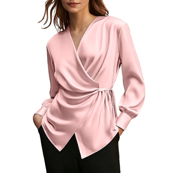 Aezemi Women Satin V Neck Shirts, Wrap Tie Ruched Fashion Regular Fit ...