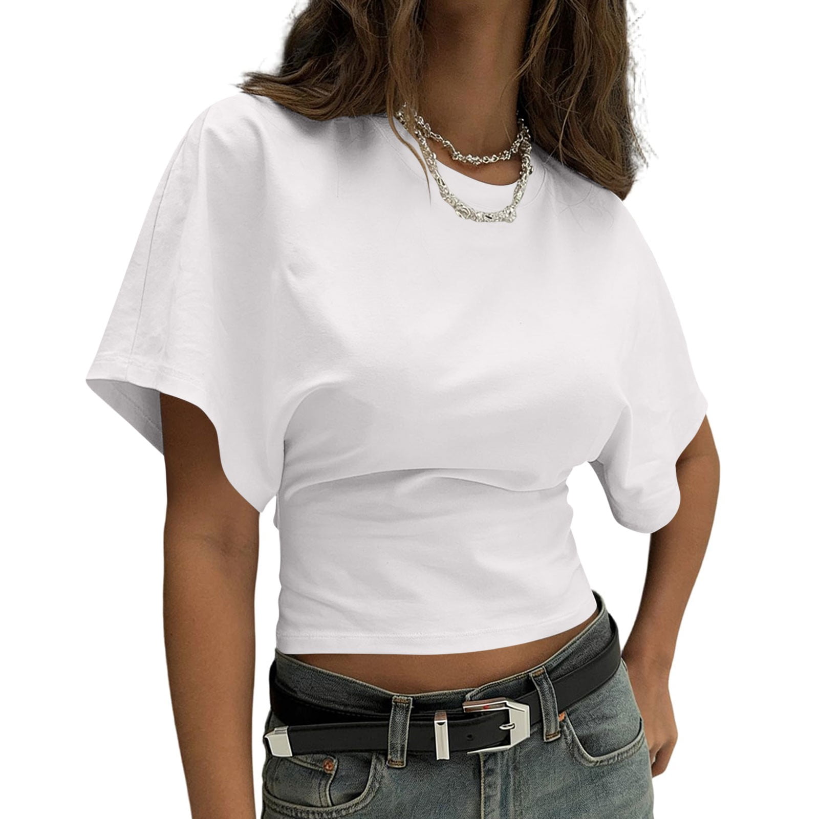 Aezemi Women Short Sleeve Cropped T-Shirts, Crew Neck Slim Fit Crop ...