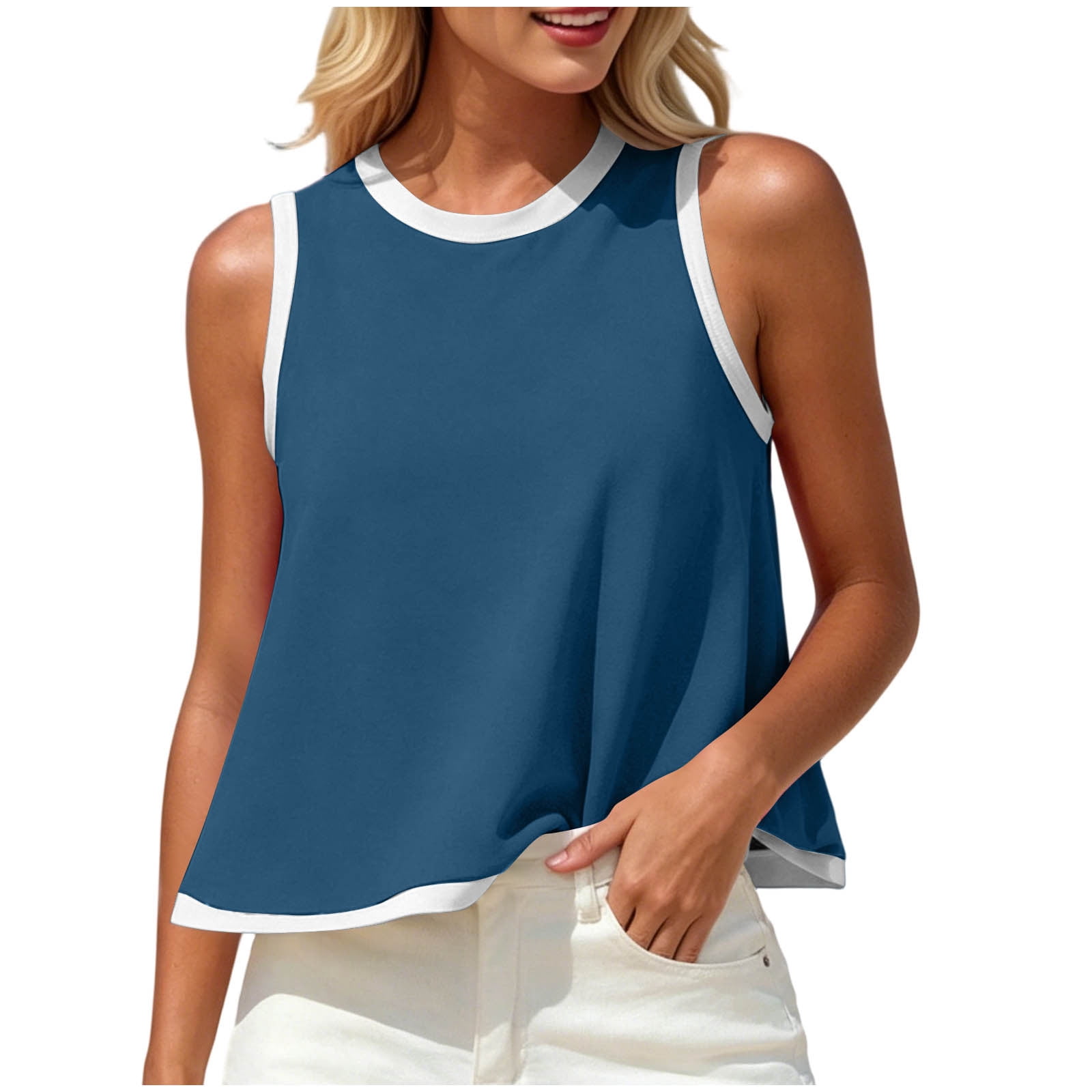 Aezemi Women Sleeveless Loose Tank Shirts, Color Blocks Crew Neck ...