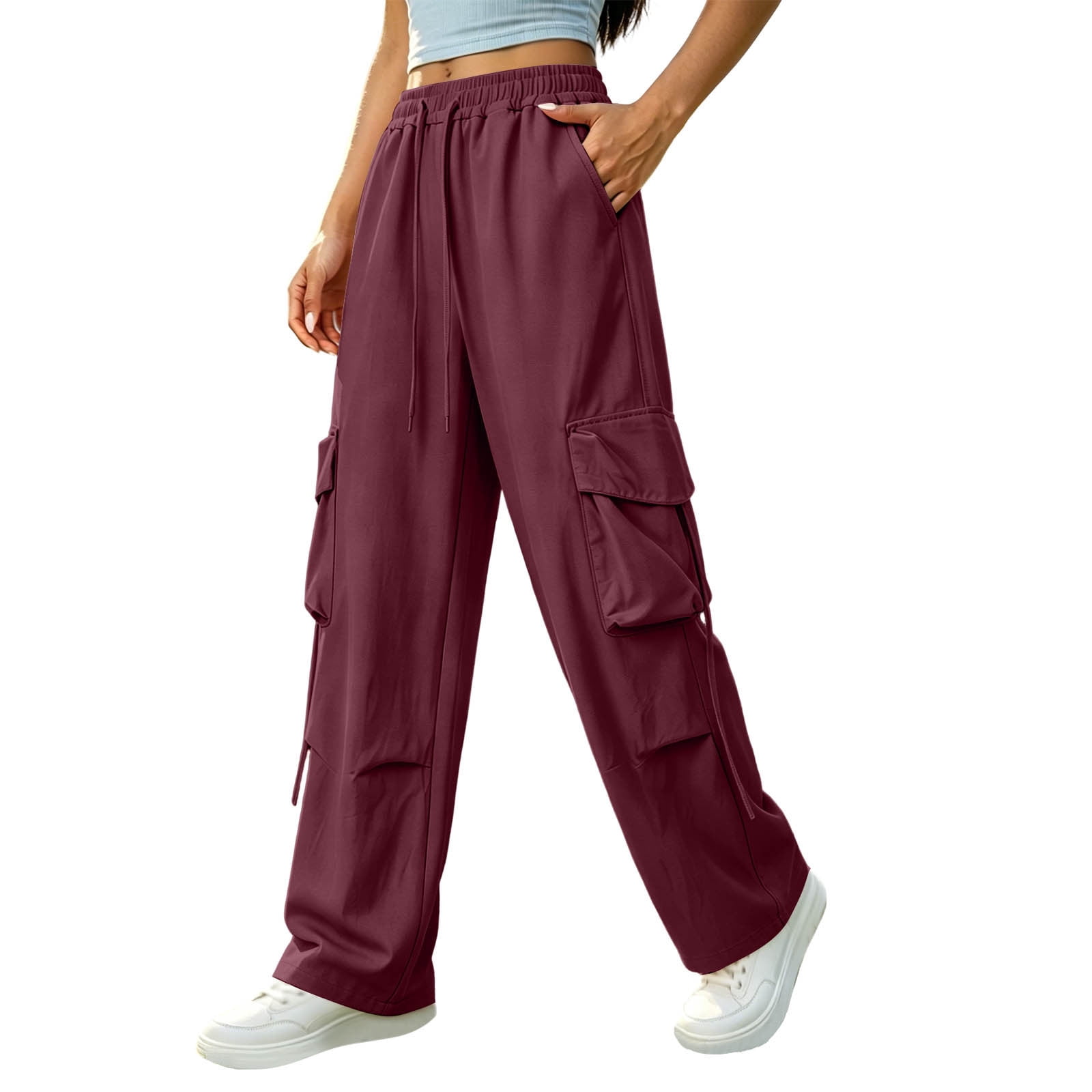 Aezemi Women Straight Leg Cargo Pants, High Waisted Drawstring Pull on ...