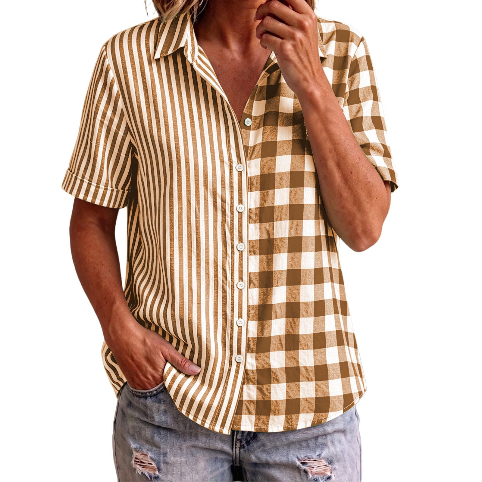 Aezemi Women Striped Collared Shirts Plaid Button down Cotton Linen ...