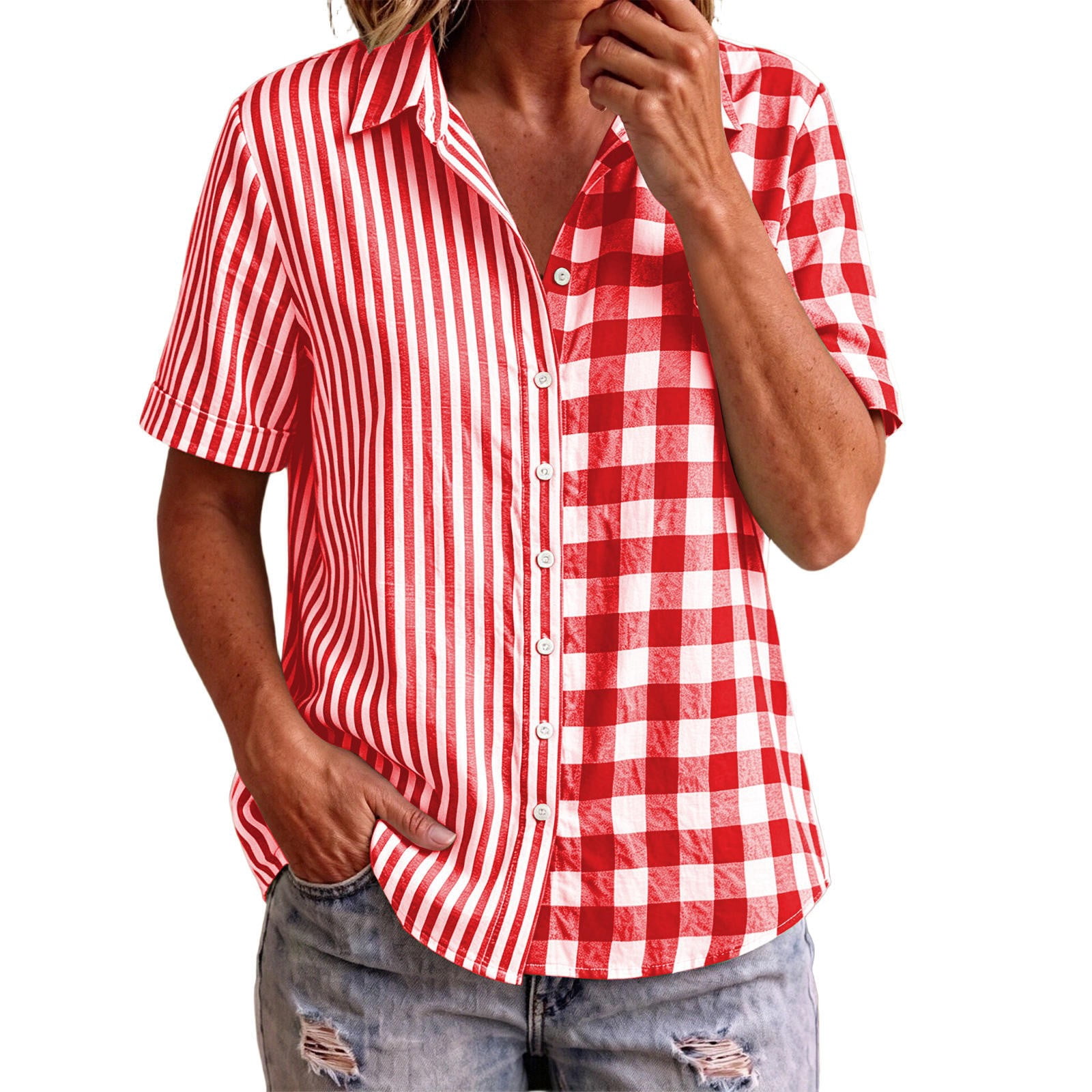 Aezemi Women Striped Collared Shirts Plaid Button down Cotton Linen ...