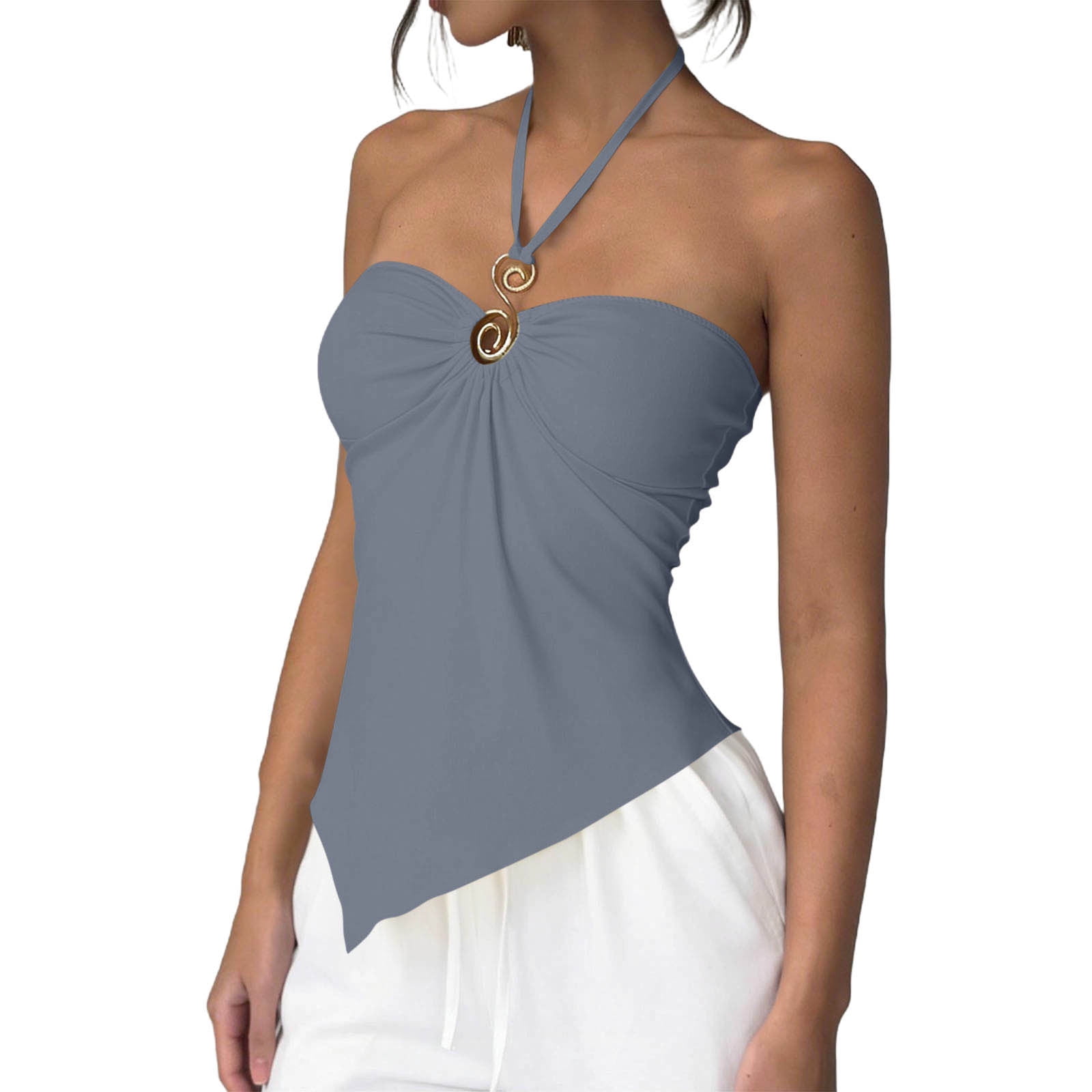 Aezemi Women Tube Tank Tops, Ruched Halter Neck Slim Fit Spaghetti ...