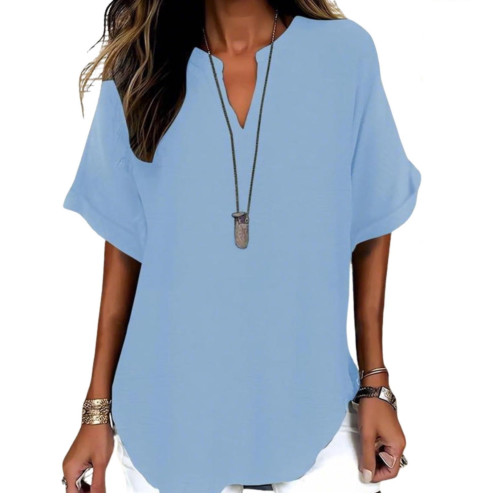 Aezemi Women Tunic V Neck Shirt, Casual Soft Elbow-Length Short Sleeve ...
