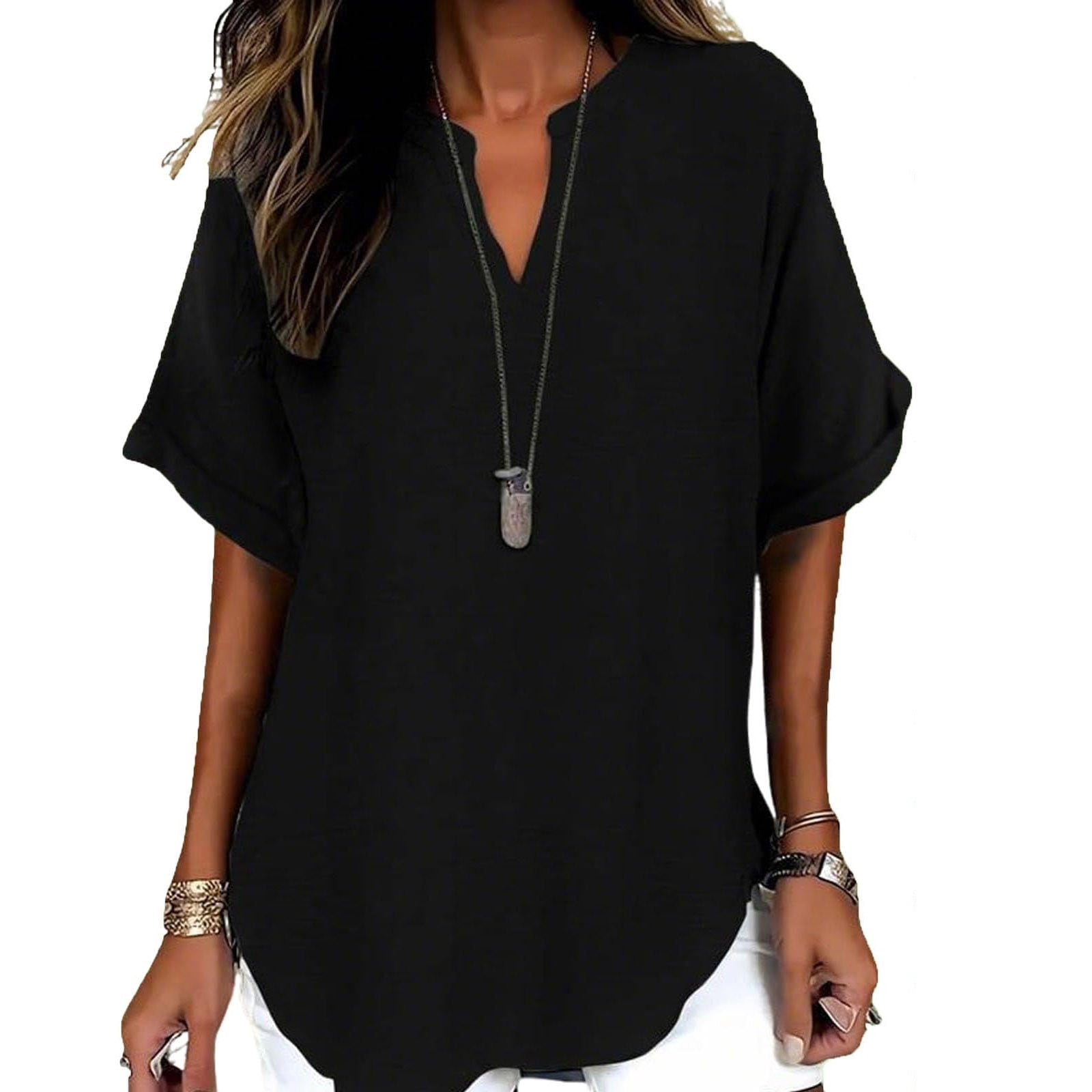 Aezemi Women Tunic V Neck Shirt, Casual Soft Elbow-Length Short Sleeve ...