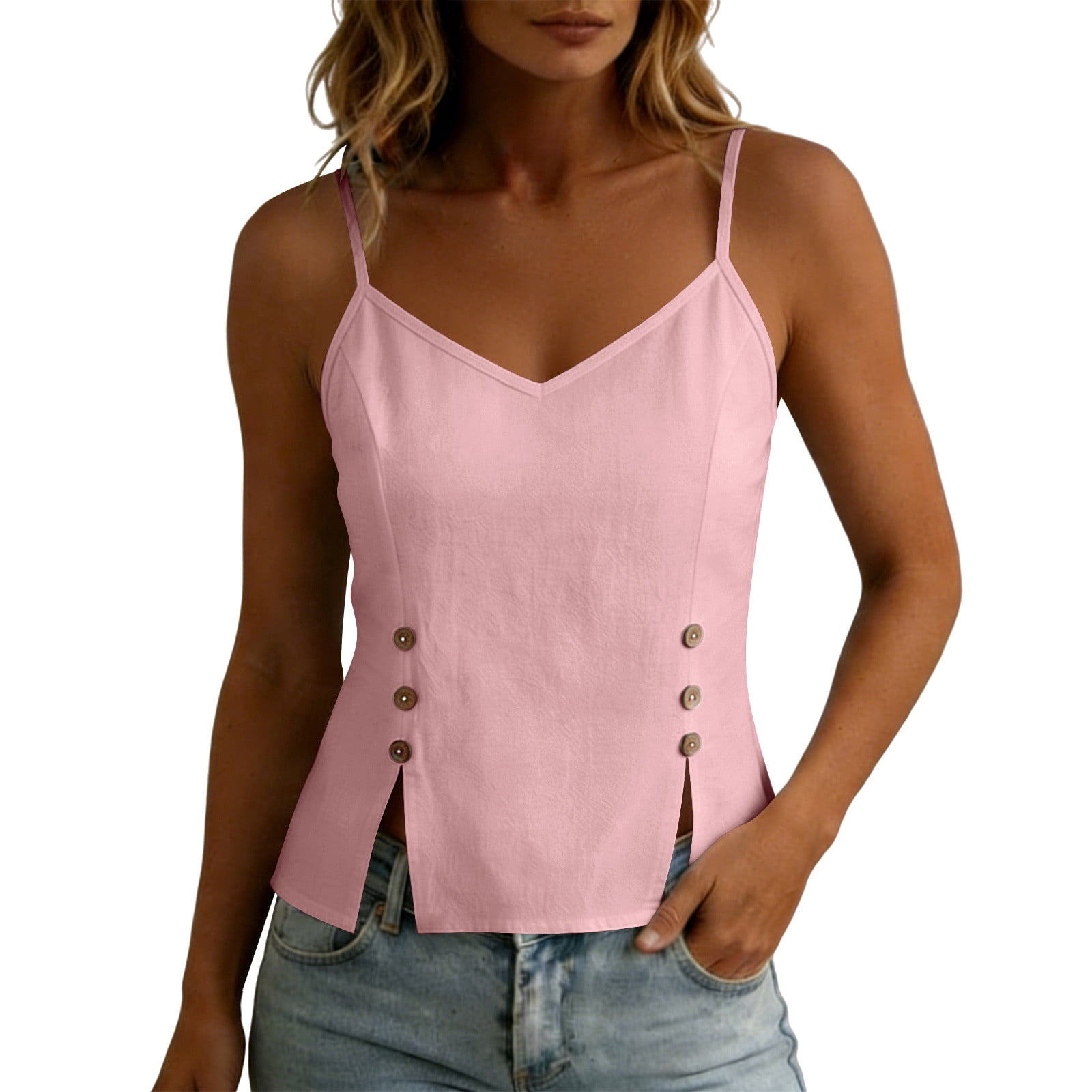 Aezemi Women V Neck Camisole Tops, Split Hem Button Spaghetti Strap ...