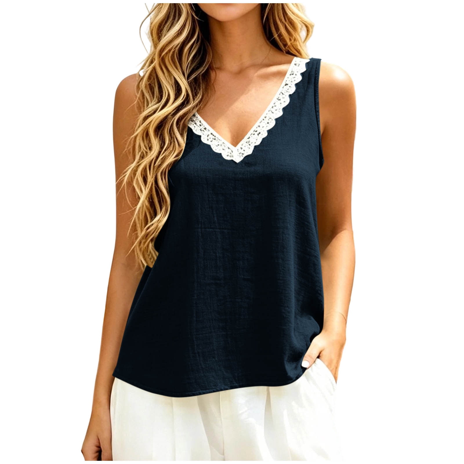Aezemi Women V Neck Lace Tank Tops, Beach Loose Fit Sleeveless Camisole ...