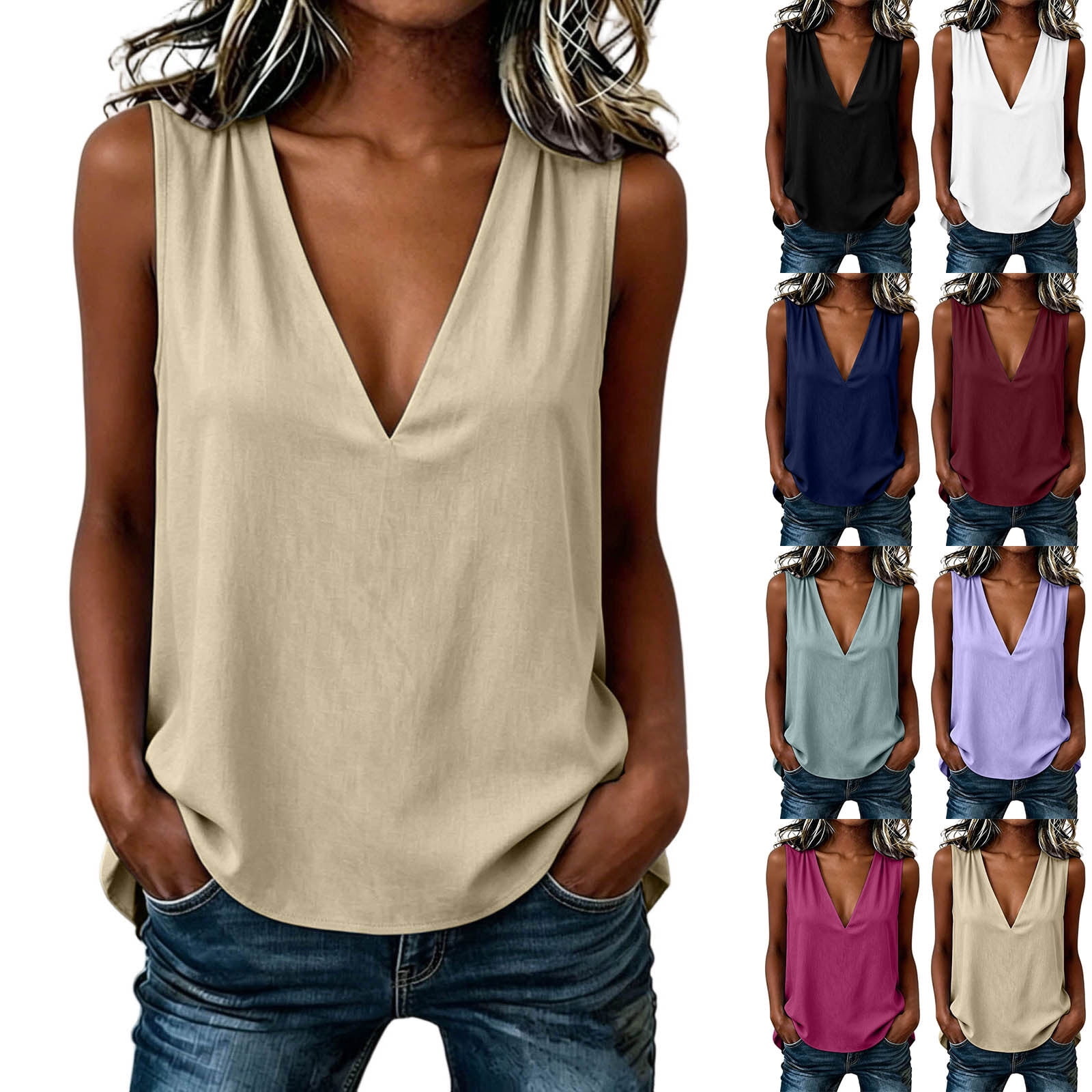 Aezemi Women V Neck Loose Tank Top, Sleeveless Pleated Summer Vacation ...