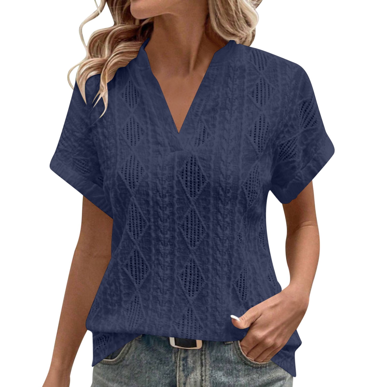 Aezemi Women V Neck Short Sleeve Shirt, Jacquard Loose Fit Casual ...