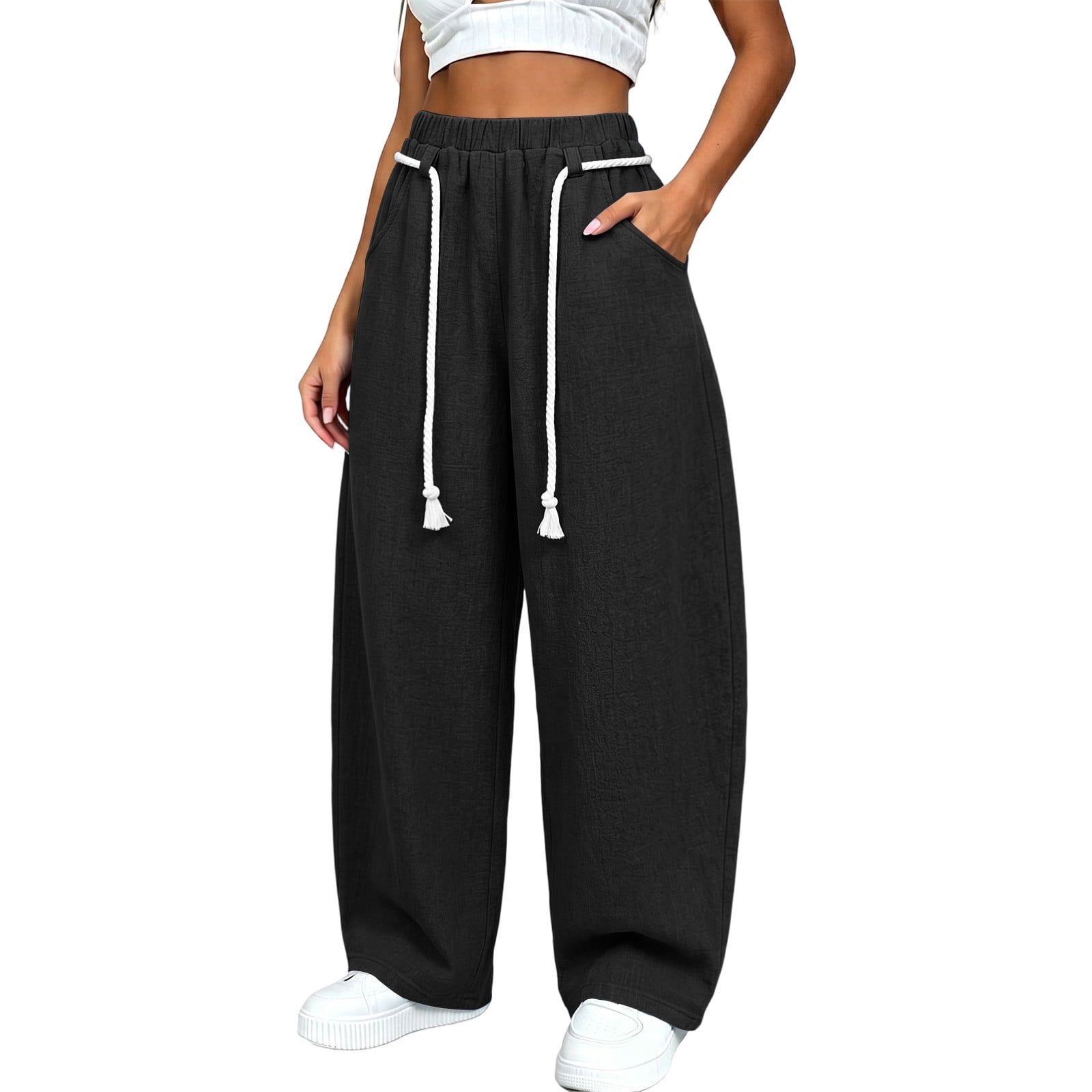 Aezemi Women Wide Leg Drawstring Pants, High Waisted Elastic Waist ...