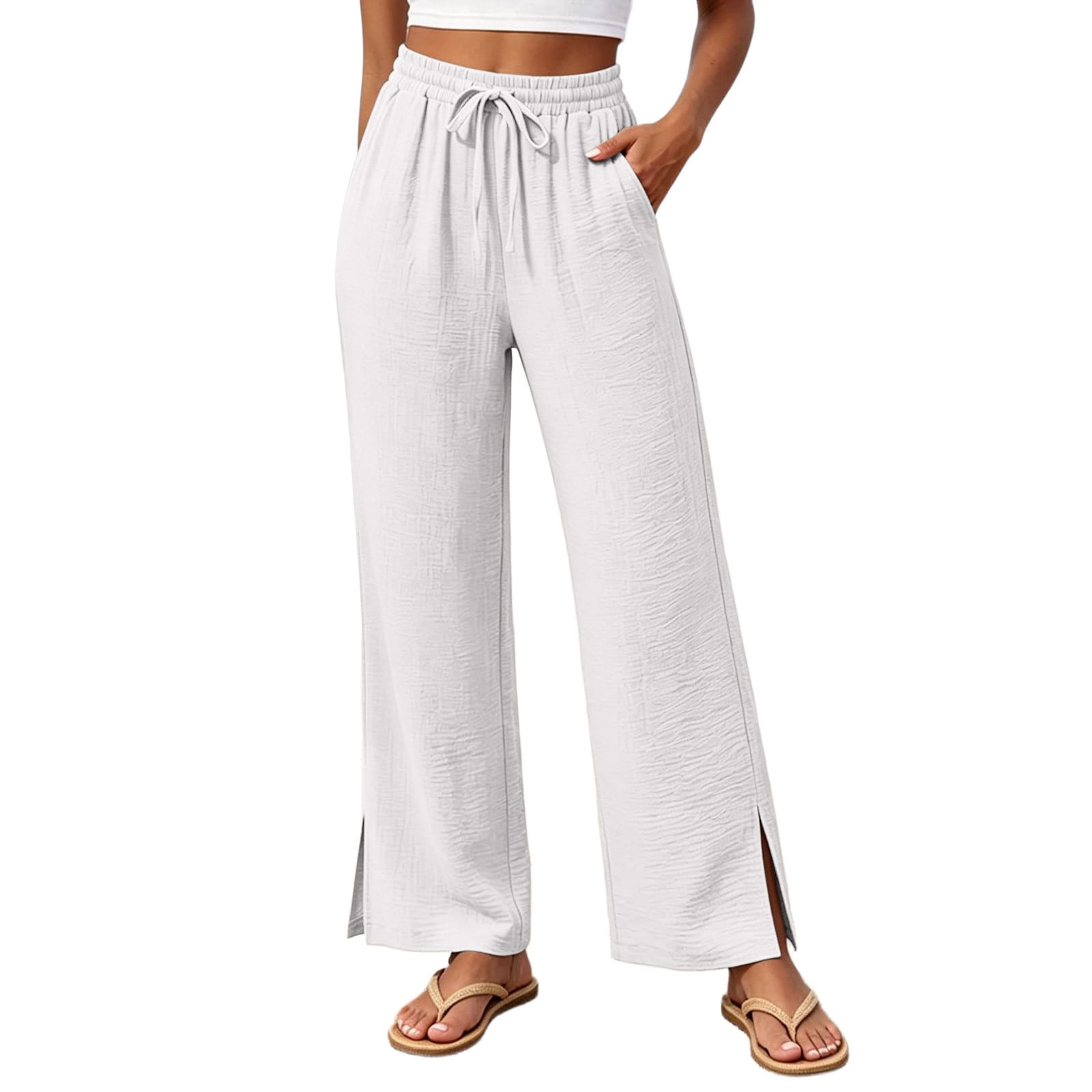 Aezemi Women Wide Leg Lightweight Pants, High Waisted Soft Split Hem ...