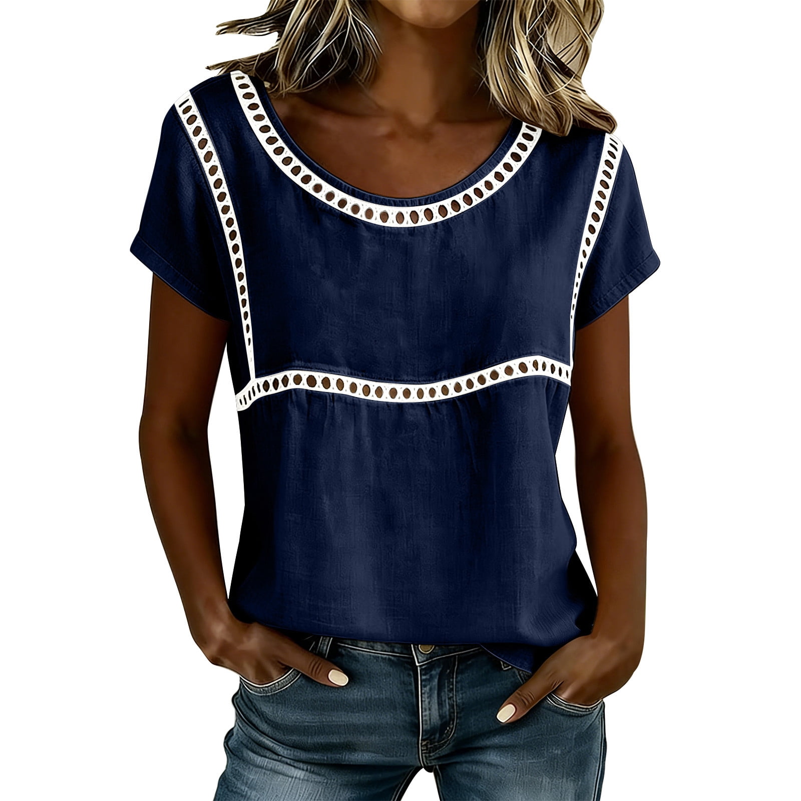 Aezemi Women's Boho Short Sleeve Shirts, Lace Hollow out Round Neck ...