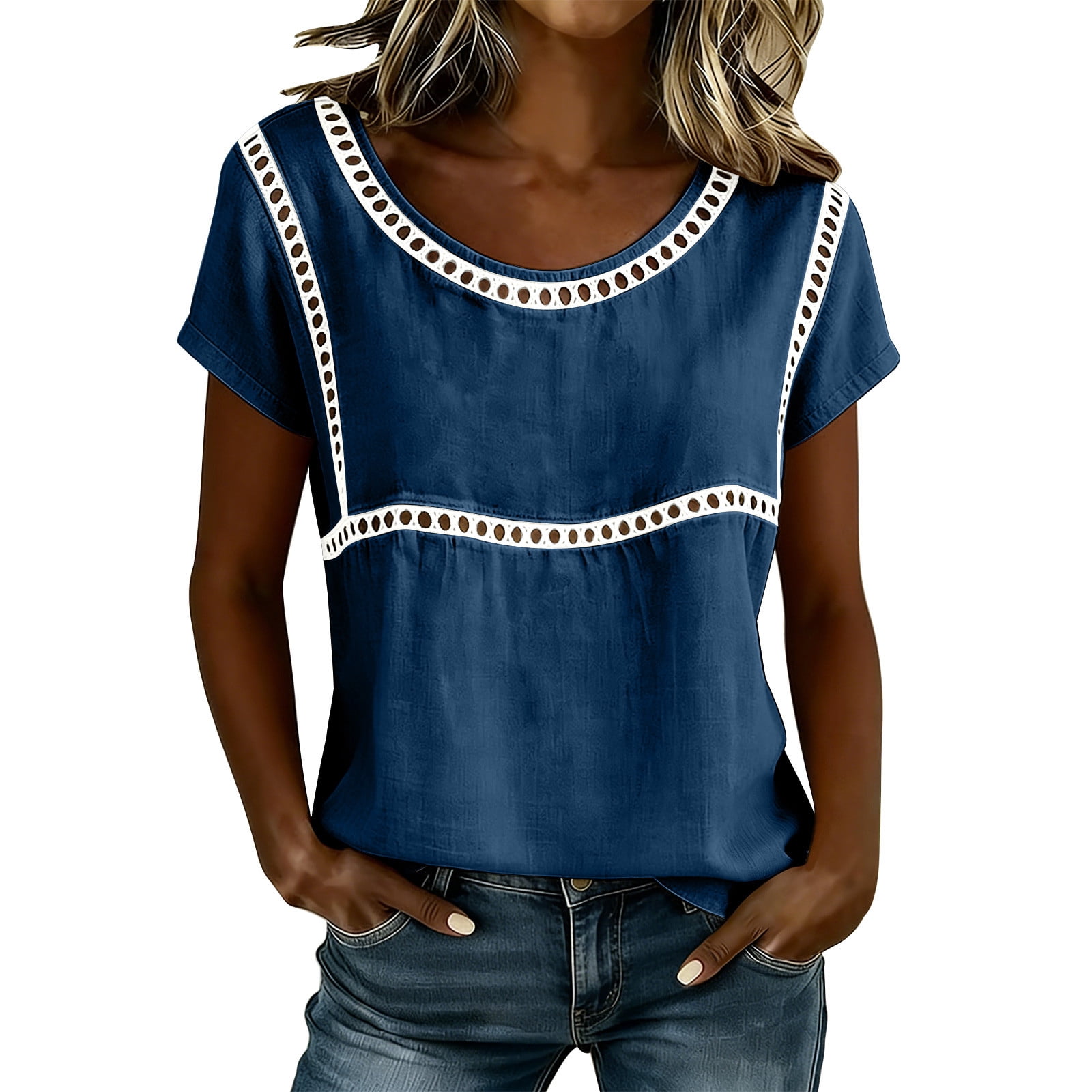 Aezemi Women's Boho Short Sleeve Shirts, Lace Hollow out Round Neck ...
