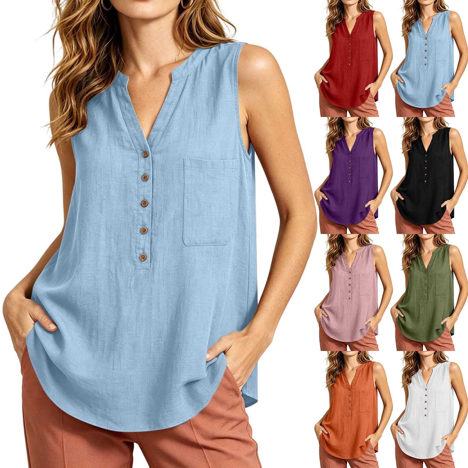 Aezemi Women's Button Front Tank Top, Cotton Linen V Neck Sleeveless ...
