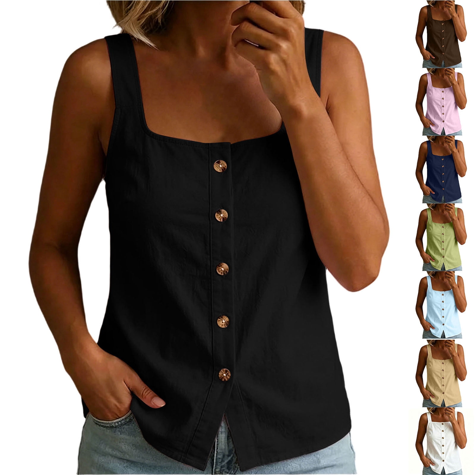 Aezemi Women's Button up Tank Tops, Cotton Linen Sleeveless Square Neck ...