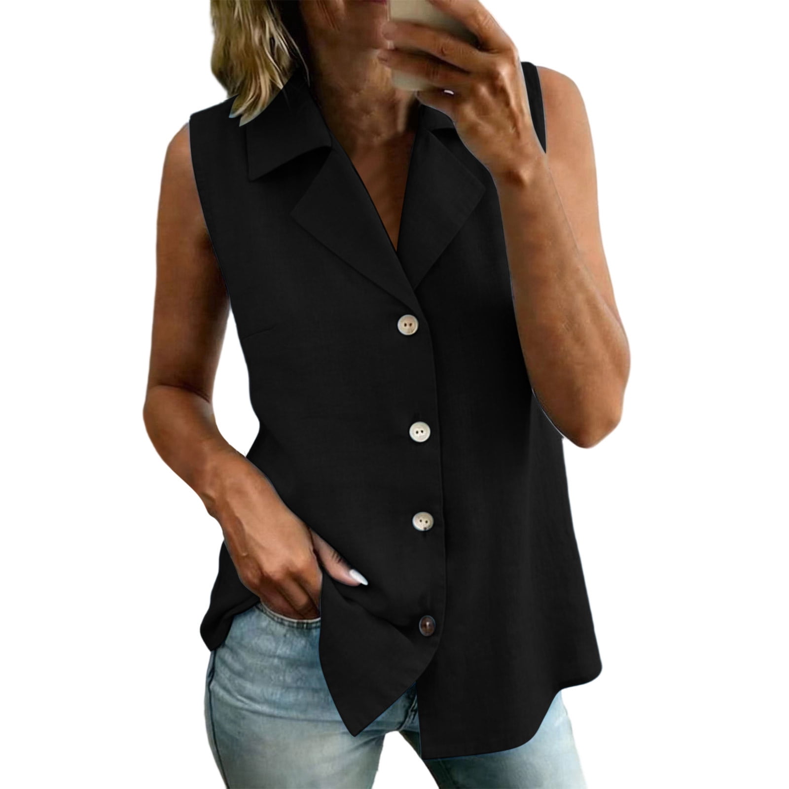 Aezemi Women's Collared Button up Shirts, Sleeveless Casual Work Tank ...