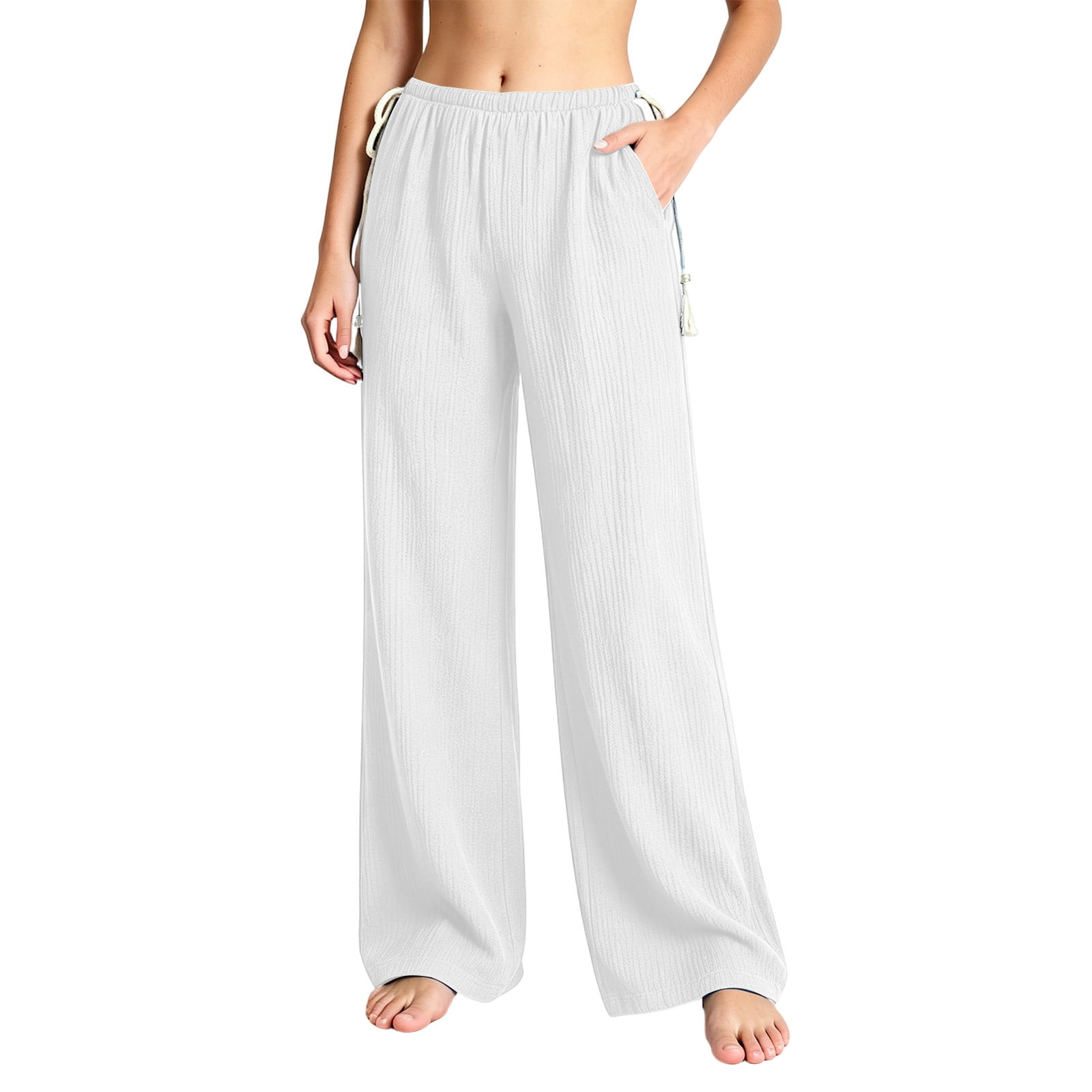 Aezemi Women's Elastic Waist Beach Pants, Side Drawstring Drapey Casual ...