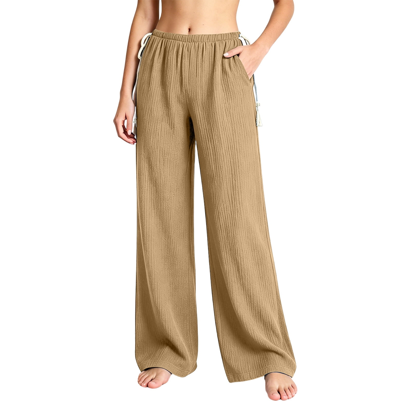 Aezemi Women's Elastic Waist Beach Pants, Side Drawstring Drapey Casual ...