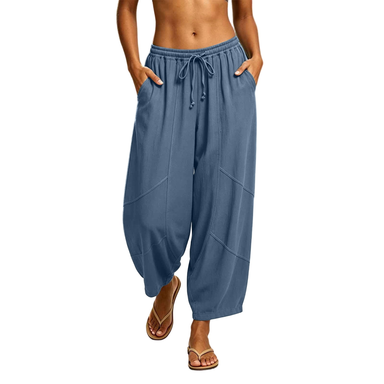 Aezemi Women's High Waisted Loose Pants Faux Cotton Linen Casual ...