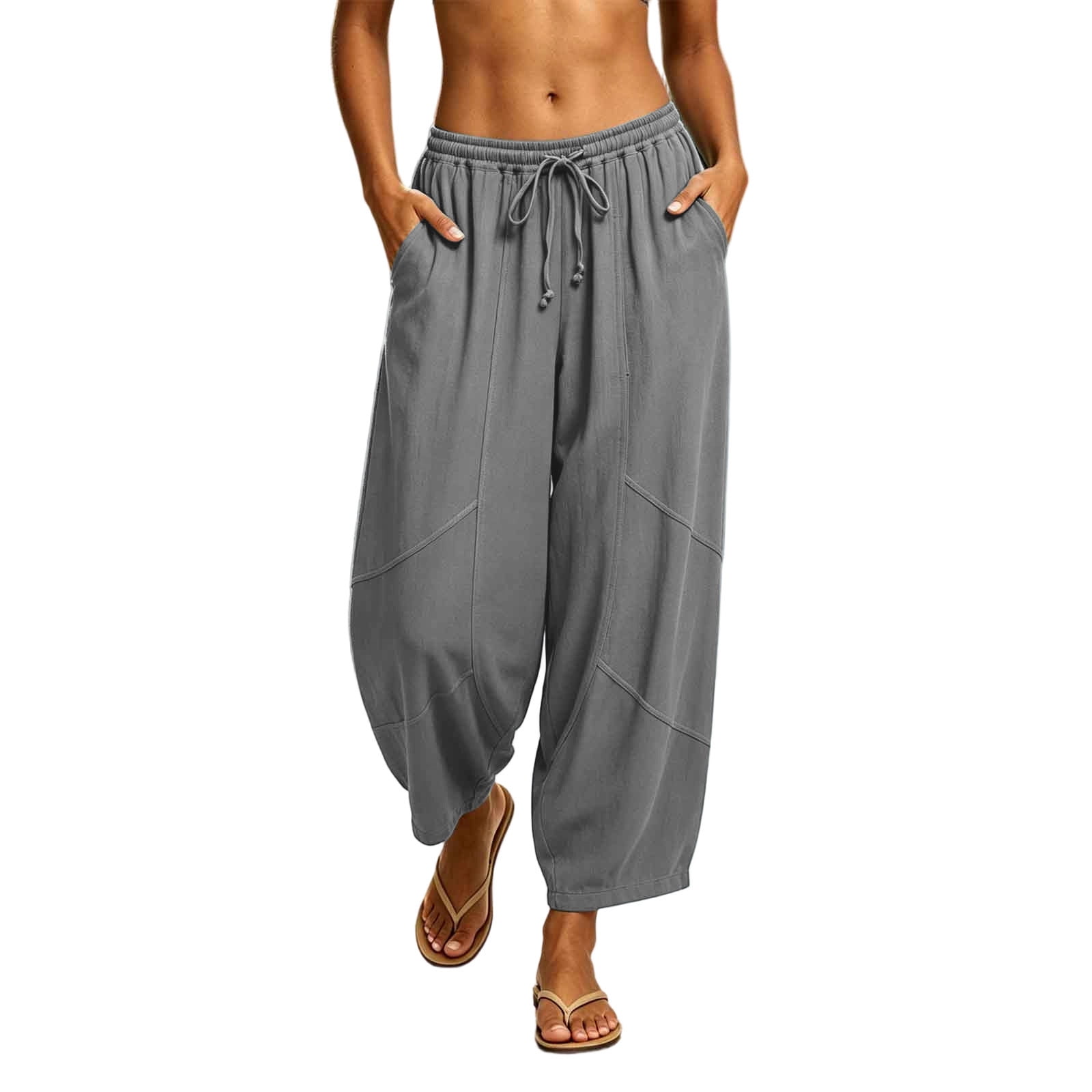 Aezemi Women's High Waisted Loose Pants Faux Cotton Linen Casual ...