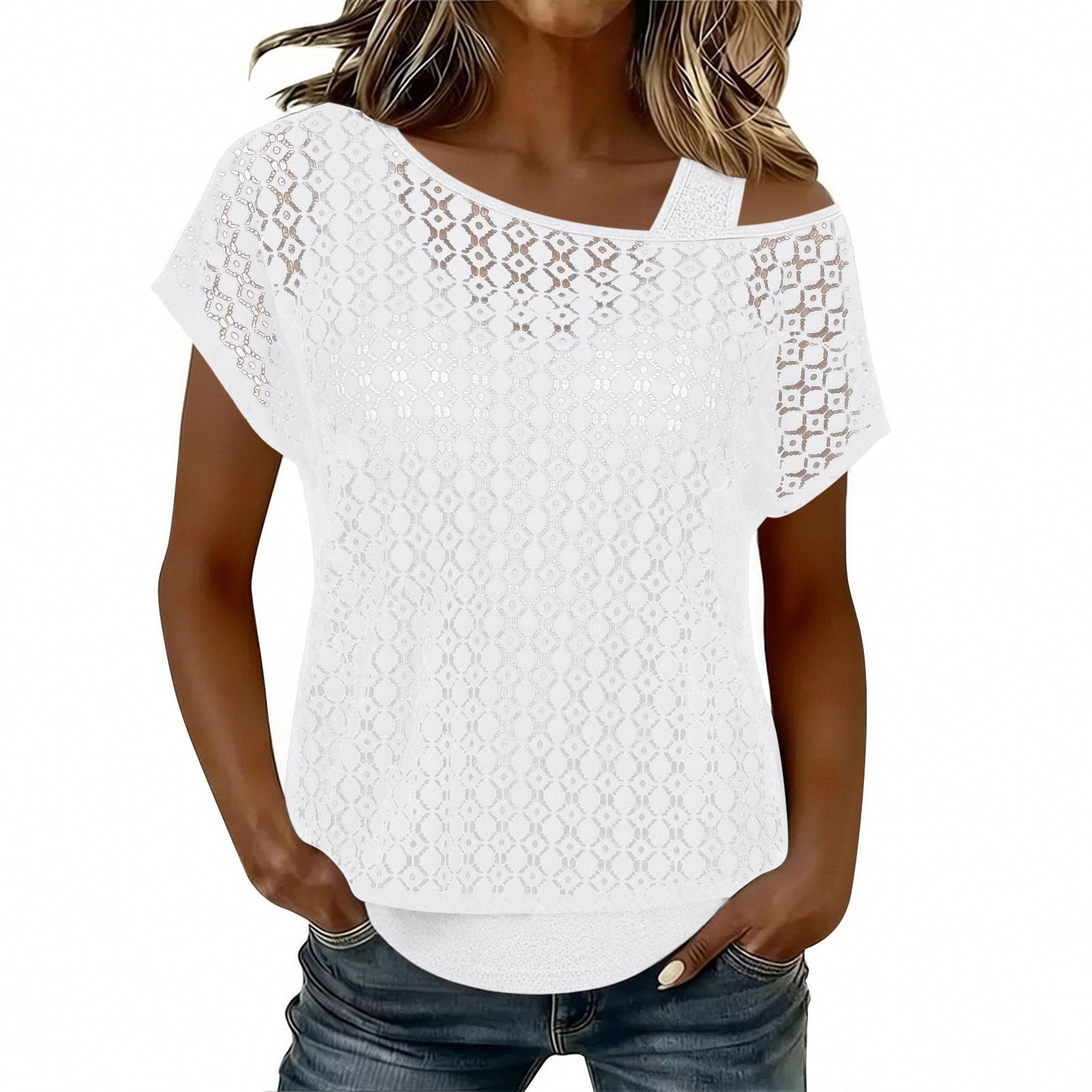 Aezemi Women's Lace Cold Shoulder Tops - 2in 1 Mesh Knit Short Sleeve T ...