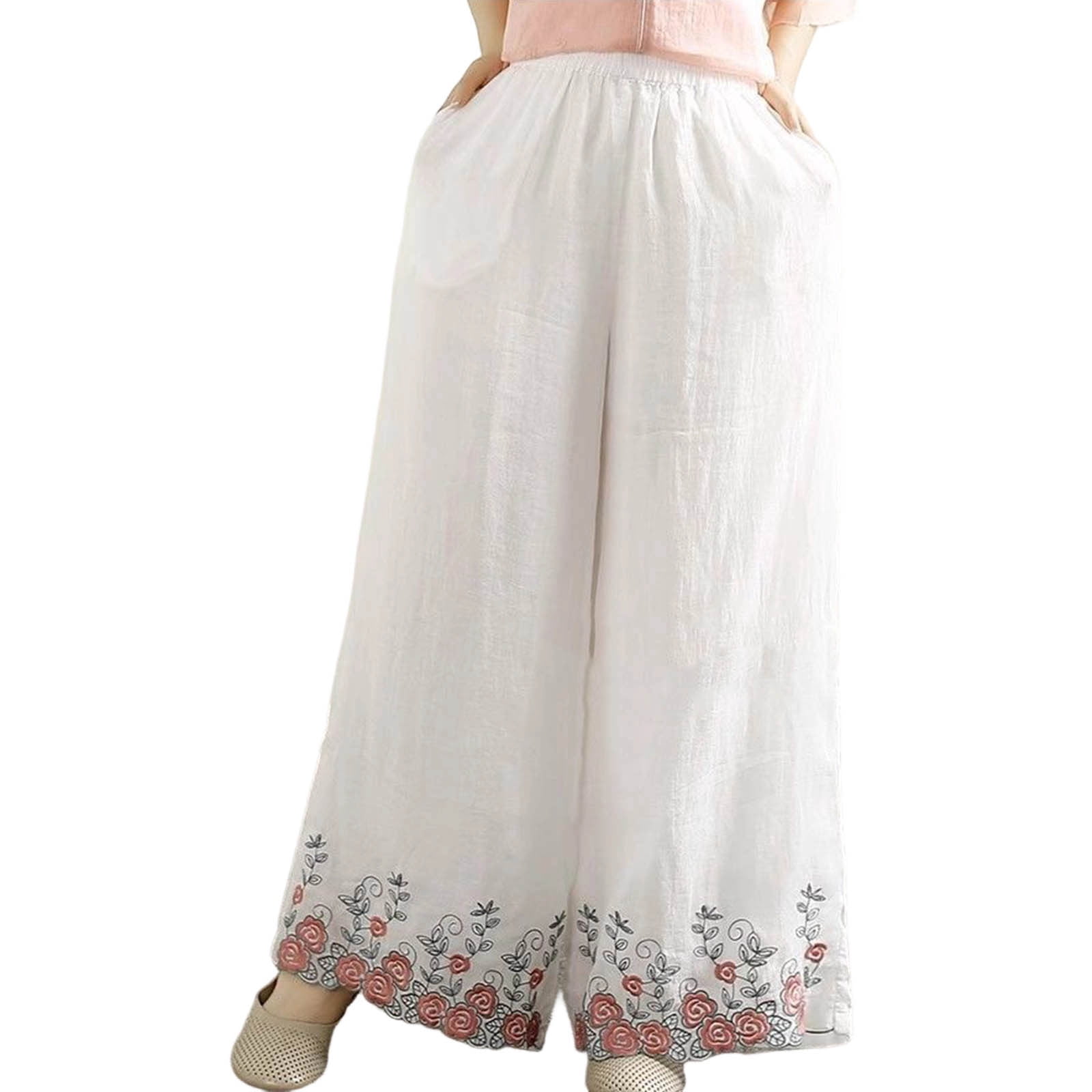 Aezemi Women's Lightweight Embroidered Pants, Elastic Waist Loose Fit ...