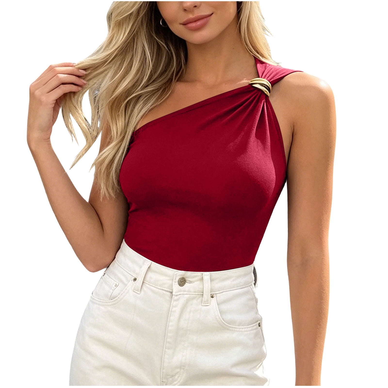 Aezemi Women's One Shoulder Tank Tops, Sleeveless Asymmetrical Fashion ...