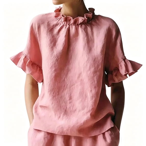 Aezemi Women's Ruffle Short Sleeve T Shirts, Cotton Linen Summer ...