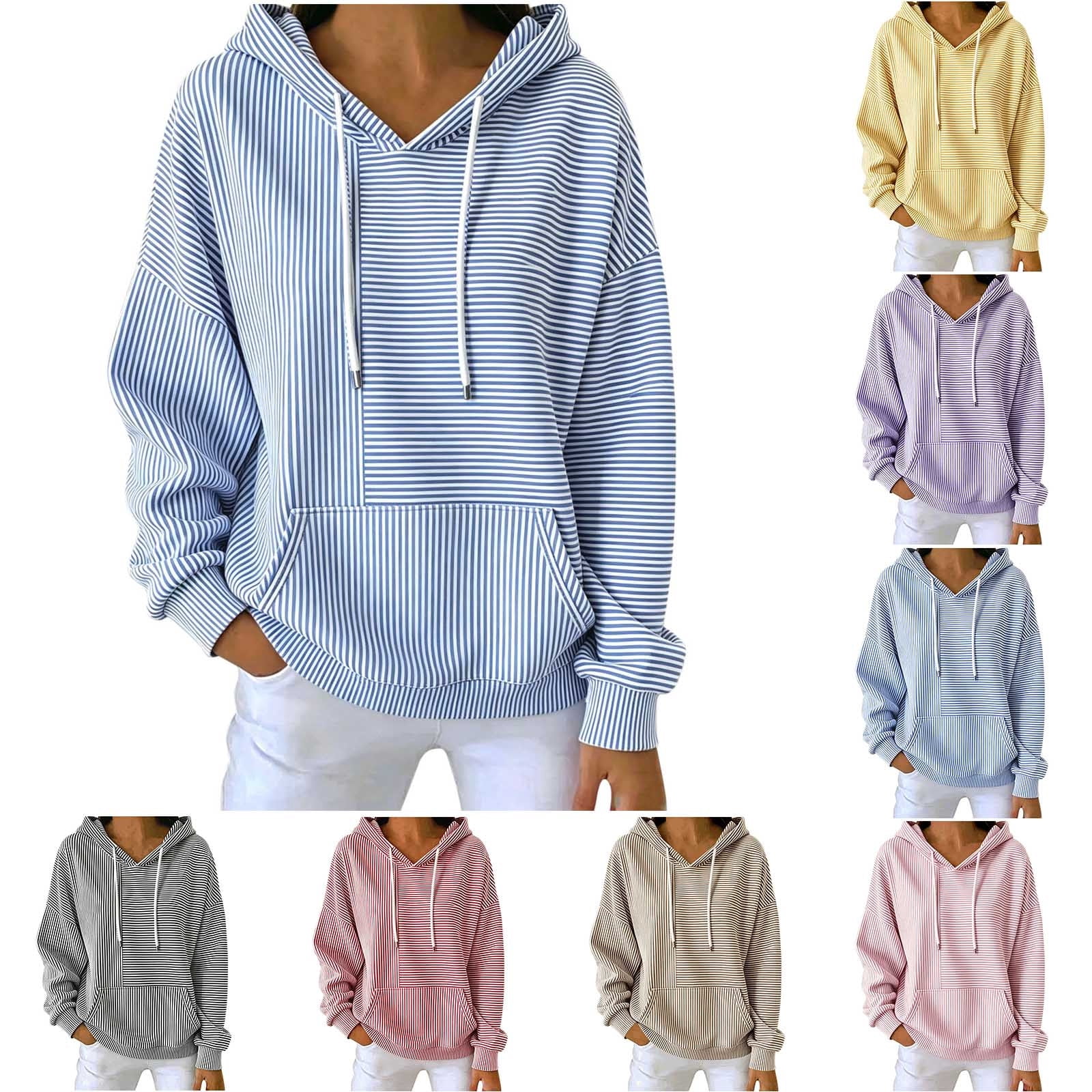 Aezemi Women's Striped Hoodie Sweatshirts Drawstring Loose Fit Long ...