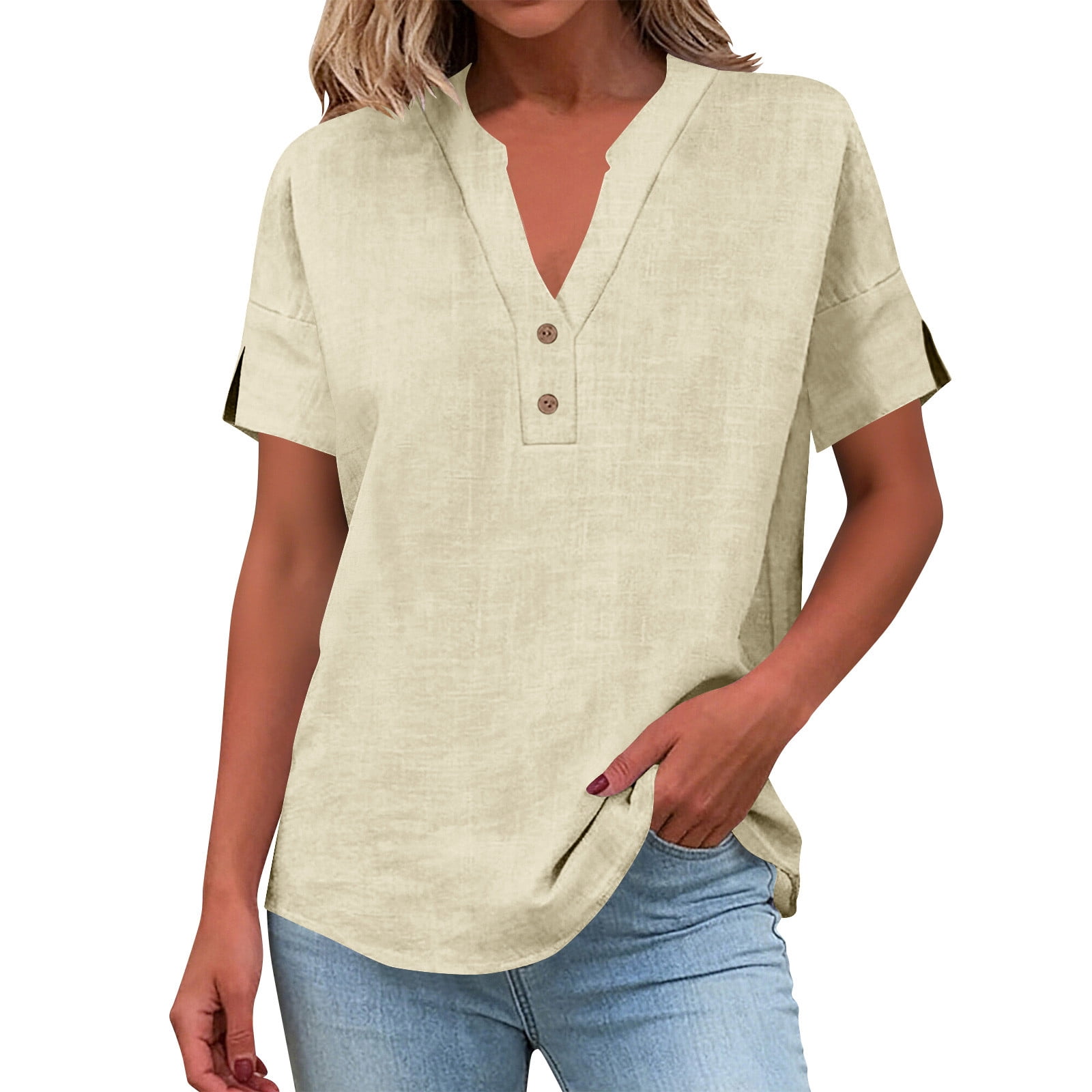 Aezemi Women's V Neck Button Shirts, Beach Loose Fit Short Sleeve ...