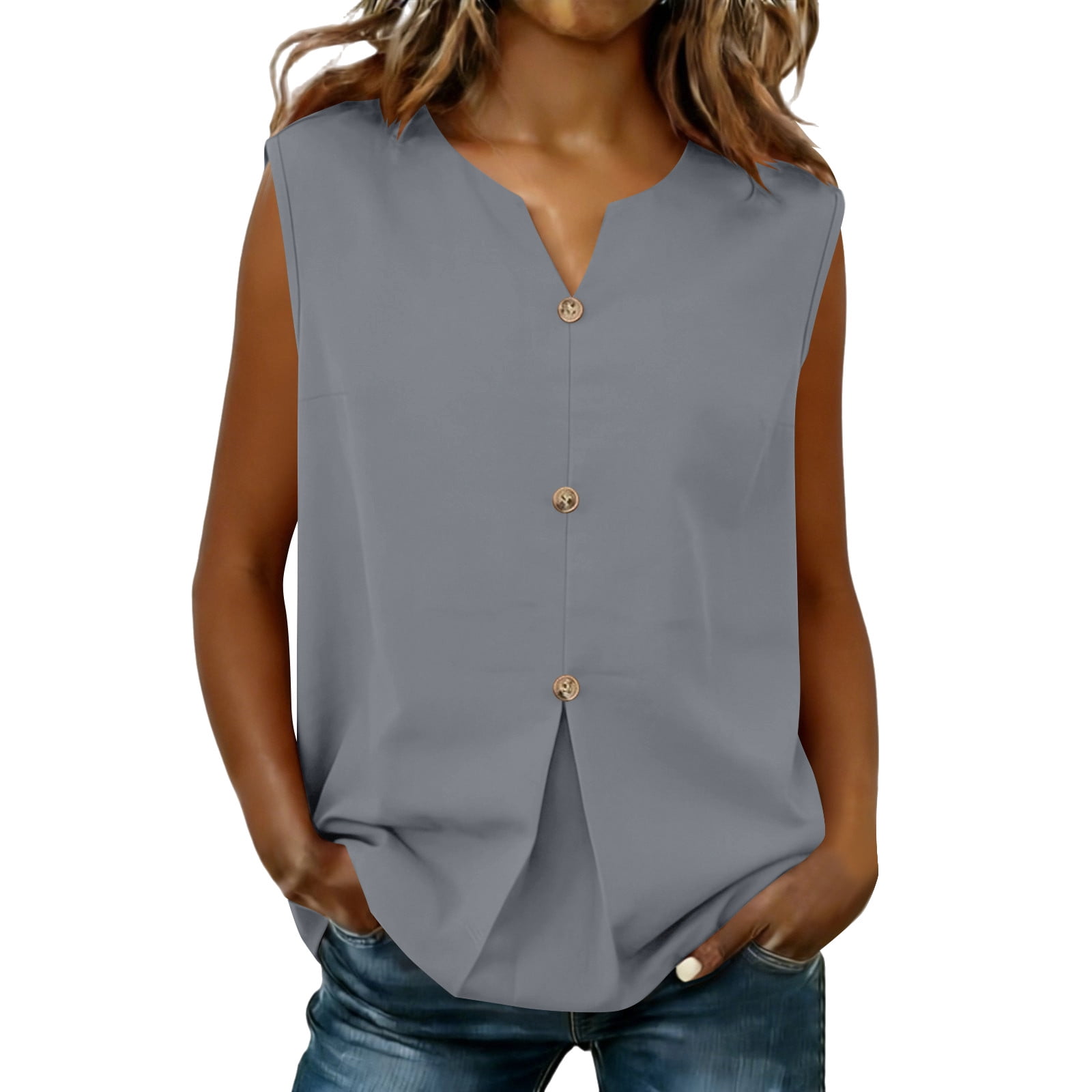 Aezemi Womens Button Front Pleated Tanks, V Neck Sleeveless Blouse ...