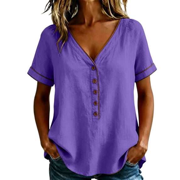 Aezemi Womens Button Front V Neck Shirts Curved Hem Cotton Linen Flowy ...