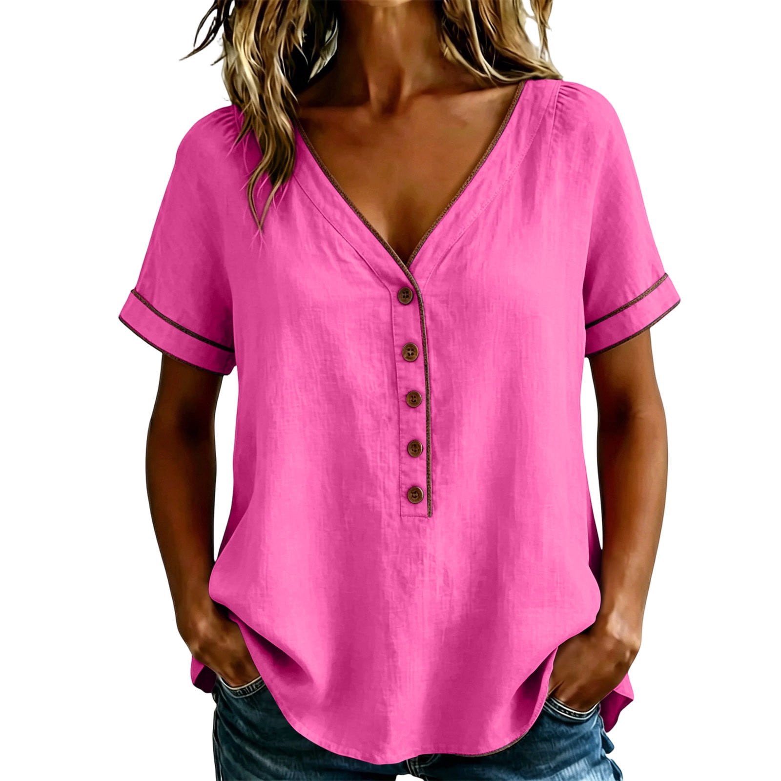 Aezemi Womens Button Front V Neck Shirts Curved Hem Cotton Linen Flowy ...
