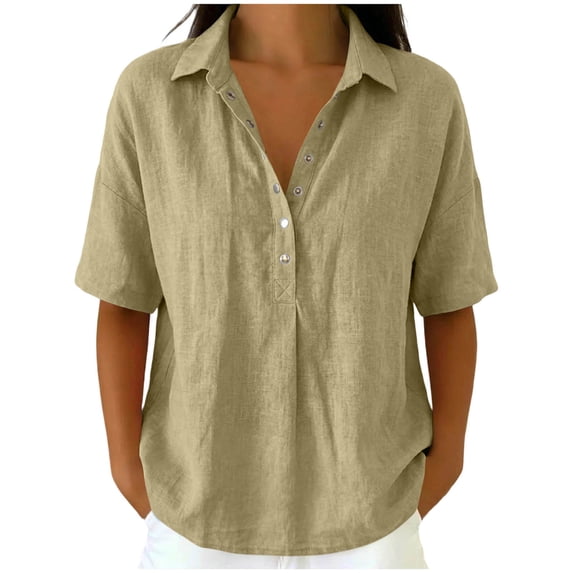Aezemi Womens Collared V Neck Blouse with Half Button, Washed Pleated ...