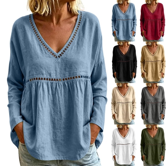Aezemi Womens Cotton Linen Beach Shirts Hollow out Long Sleeve V Neck ...